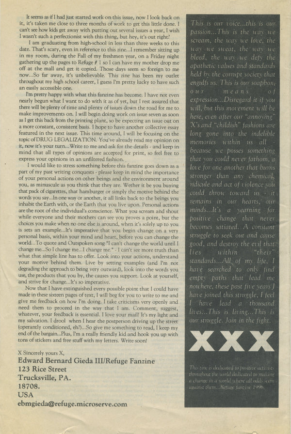 Vintage Refugee "PAHC" Straight Edge Fanzine Issue #6 - jointcustodydc