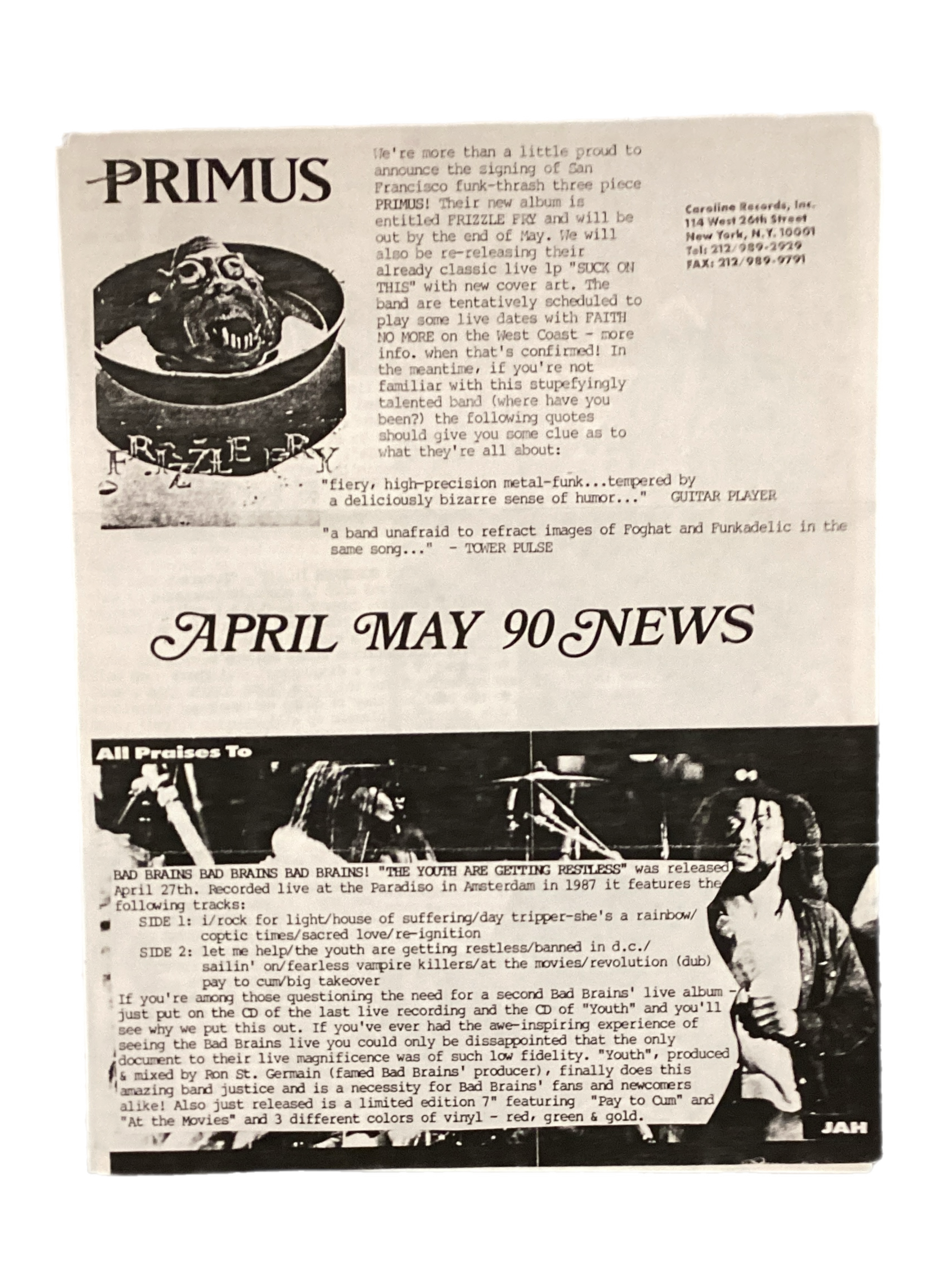 Vintage Caroline Records "April/May 1990" Newsletter - jointcustodydc