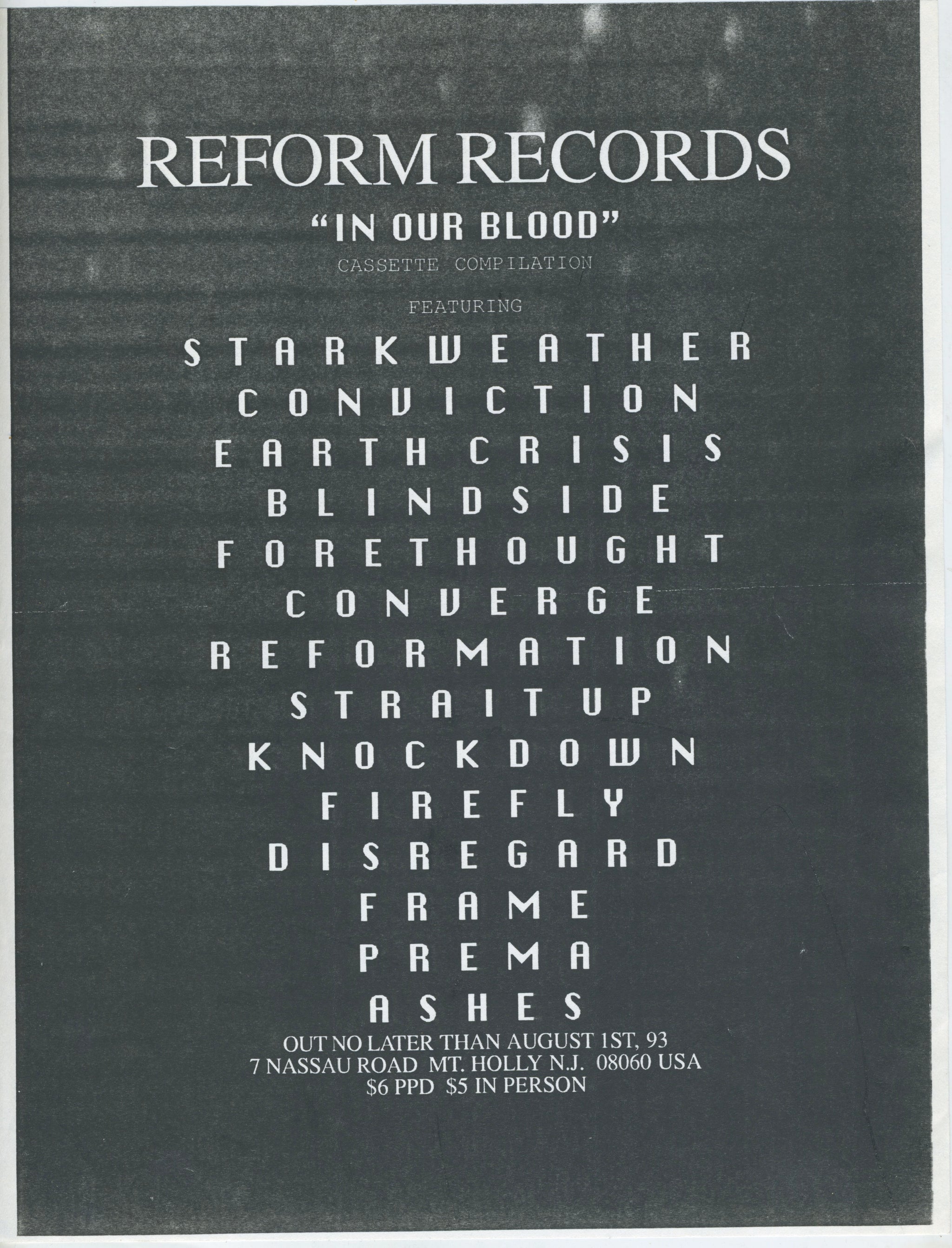 Vintage Reform Records "In Our Blood" Promotional Flyer - jointcustodydc